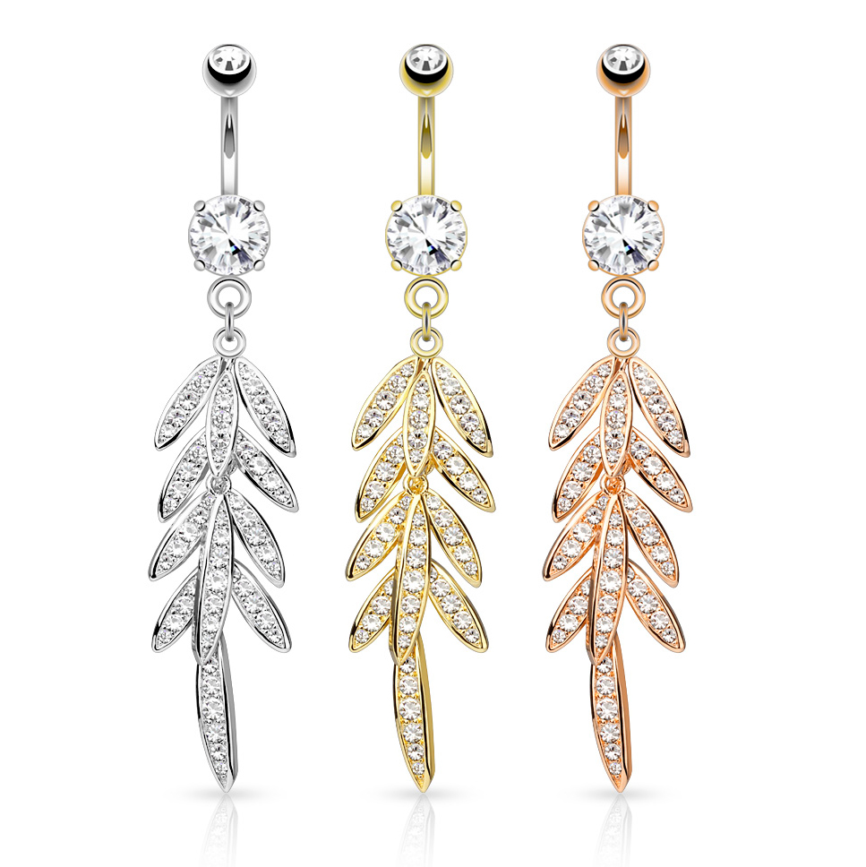 Elegant navlepiercing med palmeblade i vedhæng